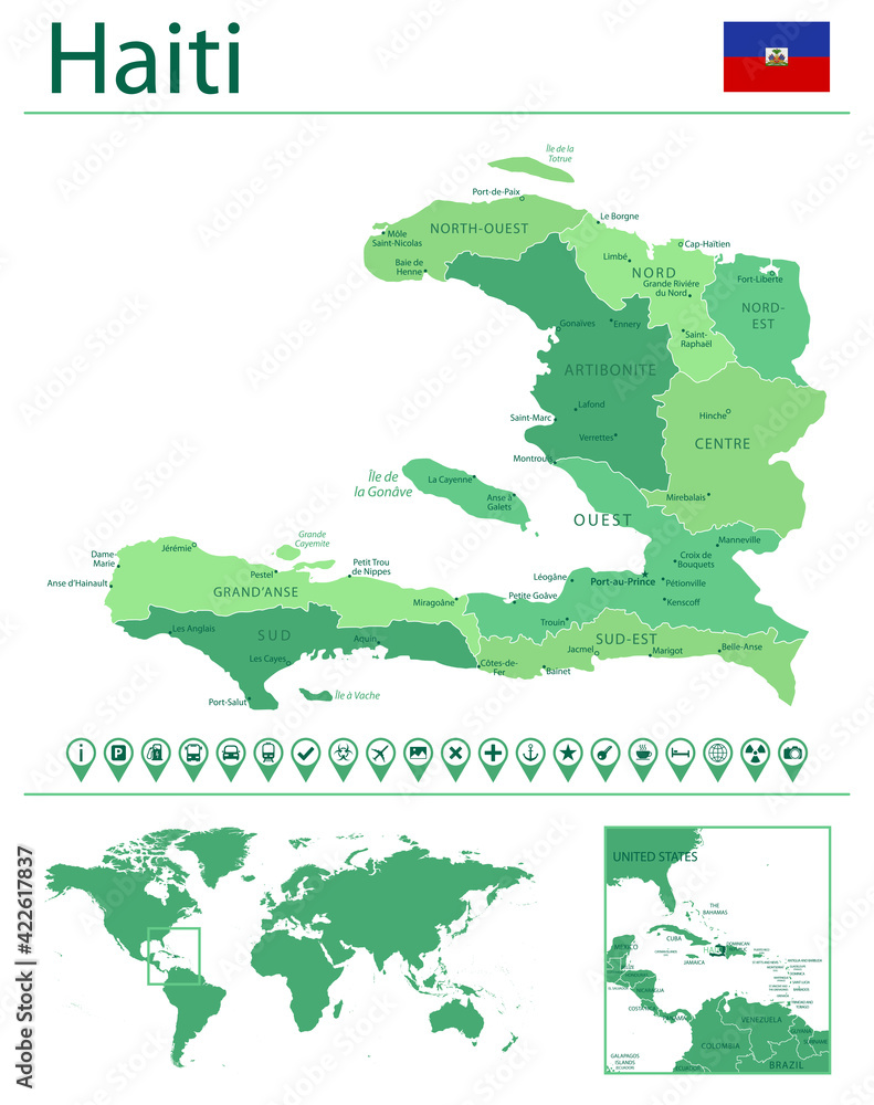 Haiti detailed map and flag. Haiti on world map. Stock Vector | Adobe Stock