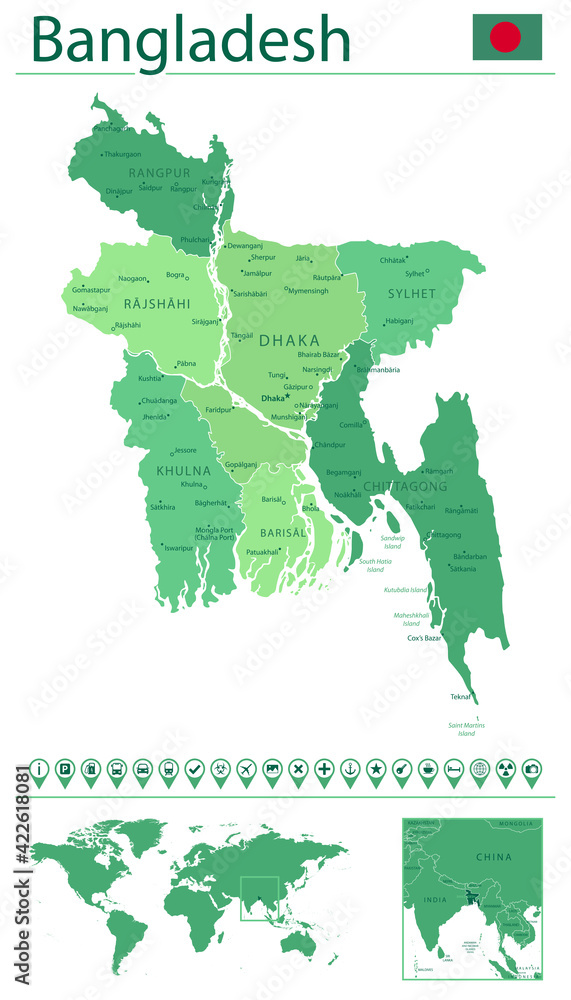 Bangladesh detailed map and flag. Bangladesh on world map. Stock Vector ...