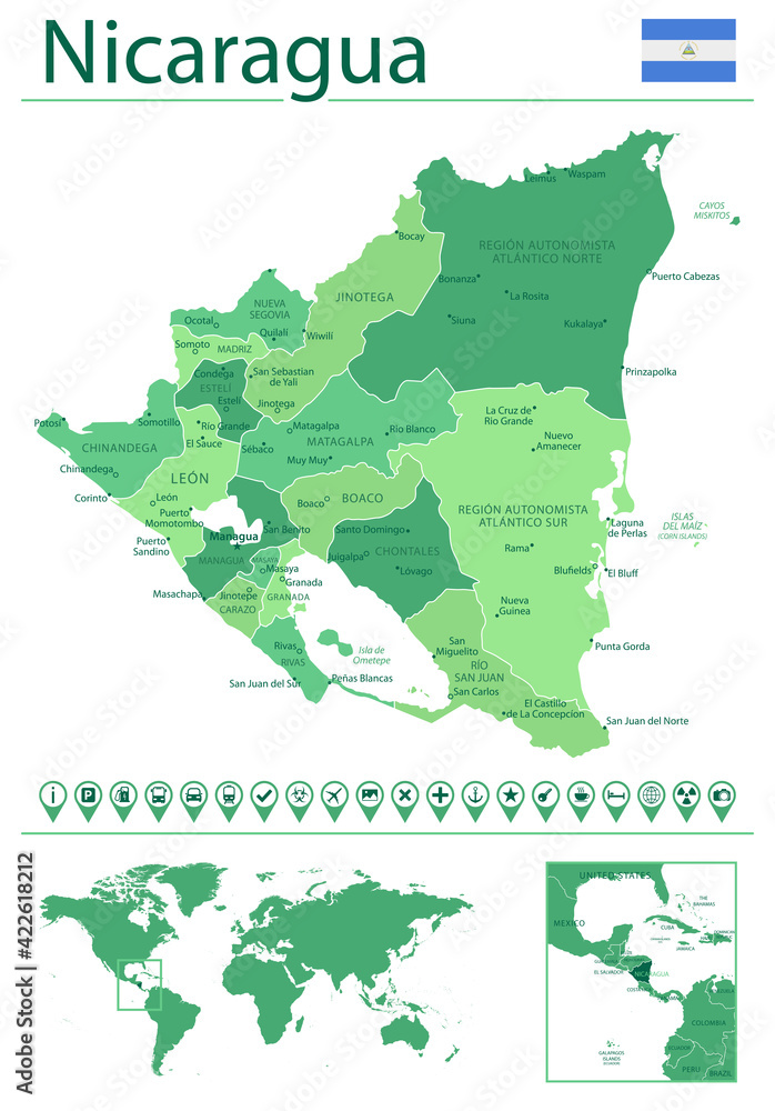 Nicaragua detailed map and flag. Nicaragua on world map. Stock Vector ...