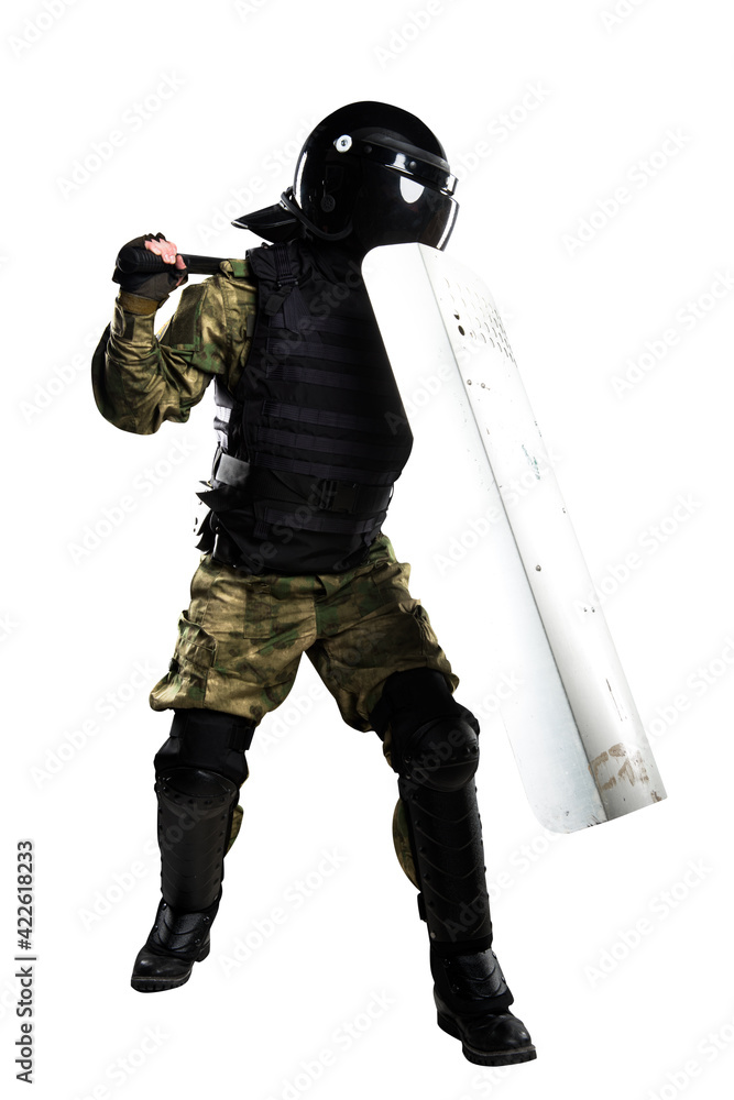 Fotografia do Stock: Soldiers in full uniform with armor, baton ...