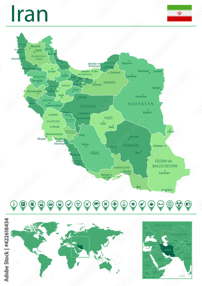 Iran detailed map and flag. Iran on world map. Stock Vector | Adobe Stock
