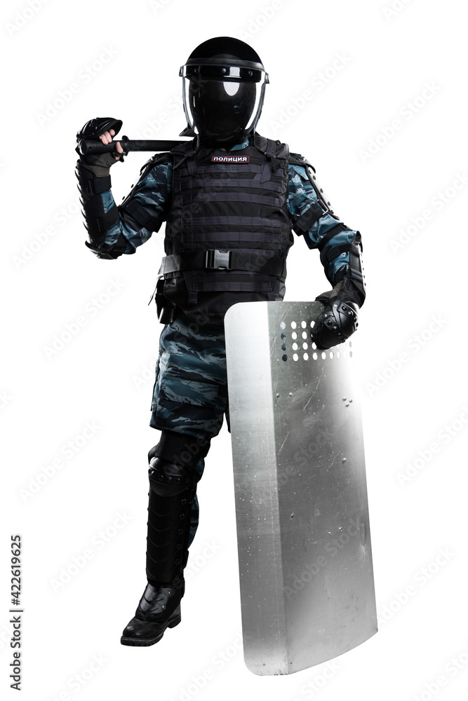 Soldiers in full uniform with armor, baton, protective shield. Uniform ...