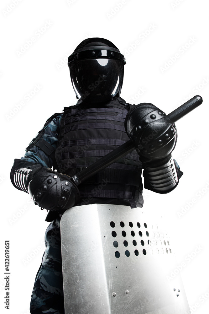 Soldiers in full uniform with armor, baton, protective shield. Uniform ...