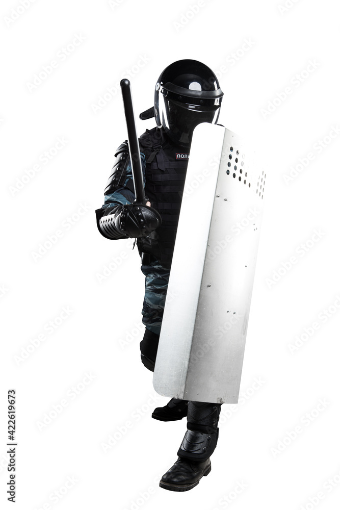 Soldiers in full uniform with armor, baton, protective shield. Uniform ...