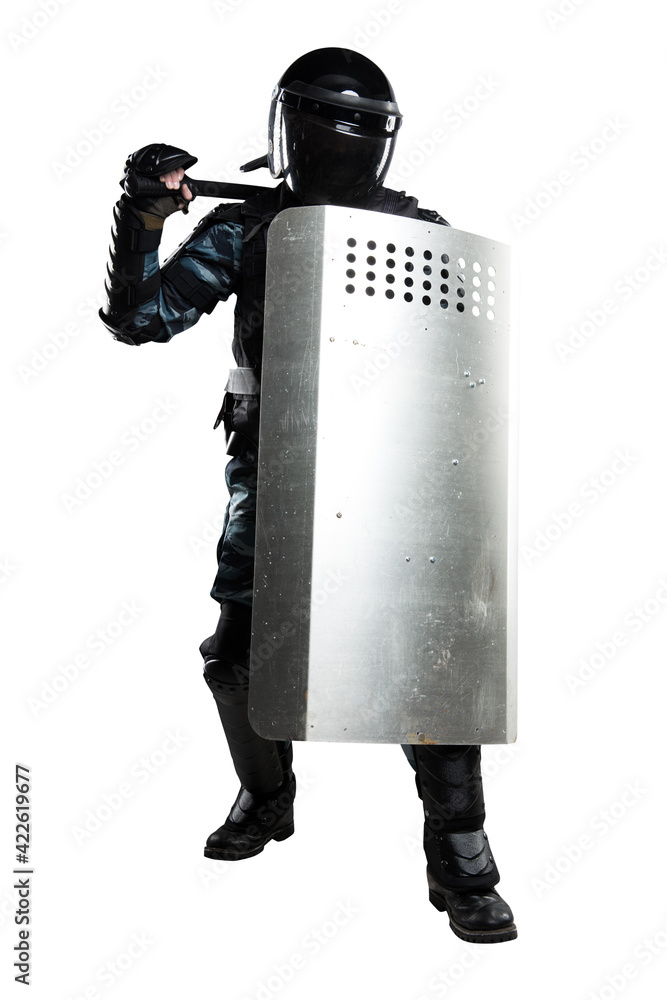 Soldiers in full uniform with armor, baton, protective shield. Uniform ...