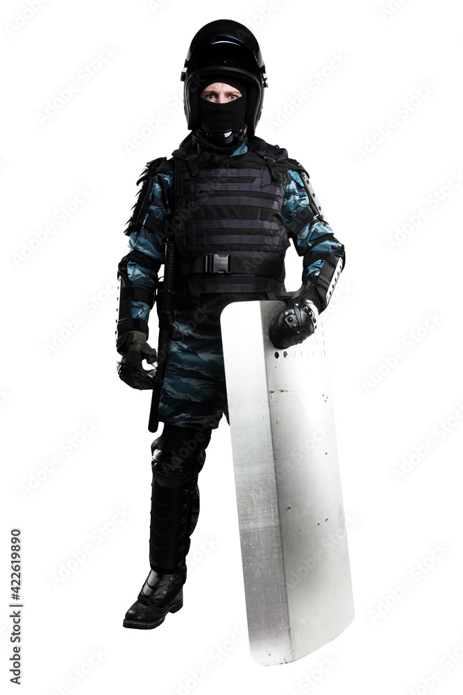 Soldiers in full uniform with armor, baton, protective shield. Uniform ...