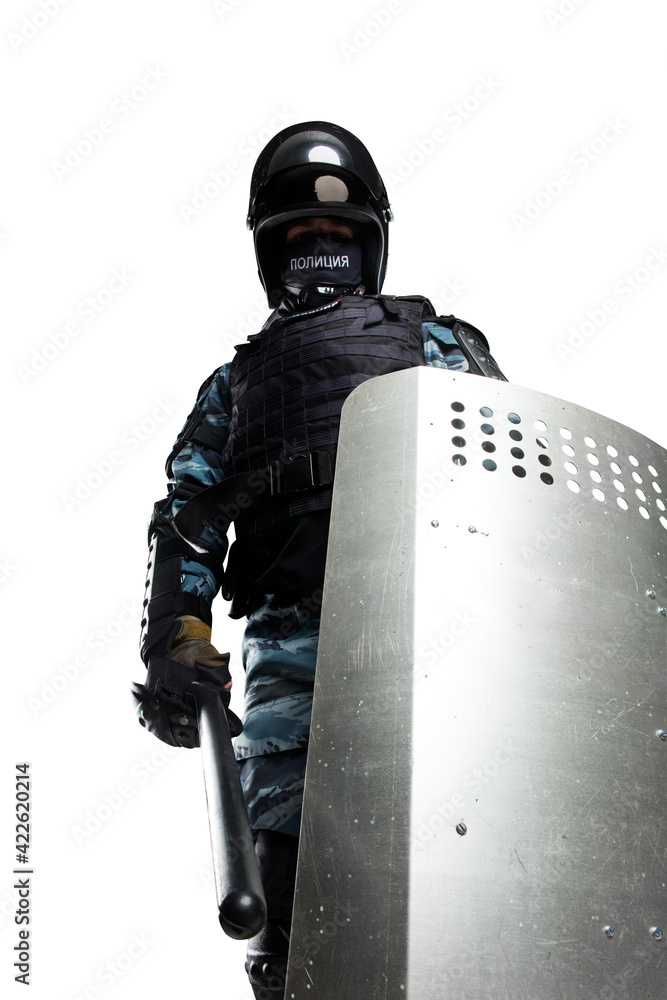 Soldiers in full uniform with armor, baton, protective shield. Uniform ...