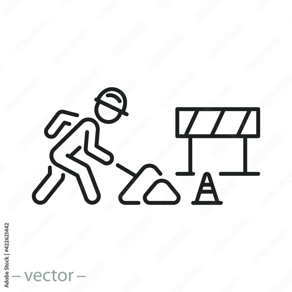 road work icon, construction or maintenance, workman with shovel, warning safety, thin line ...