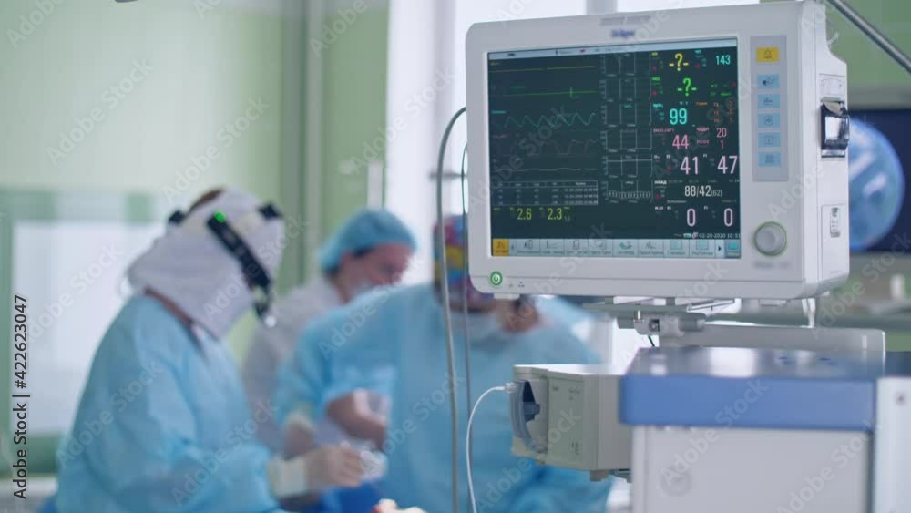 surgical anesthesia machine in operating room shows indicators of life ...