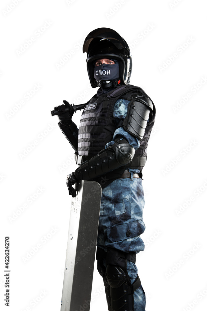 Soldiers in full uniform with armor, baton, protective shield. Uniform ...