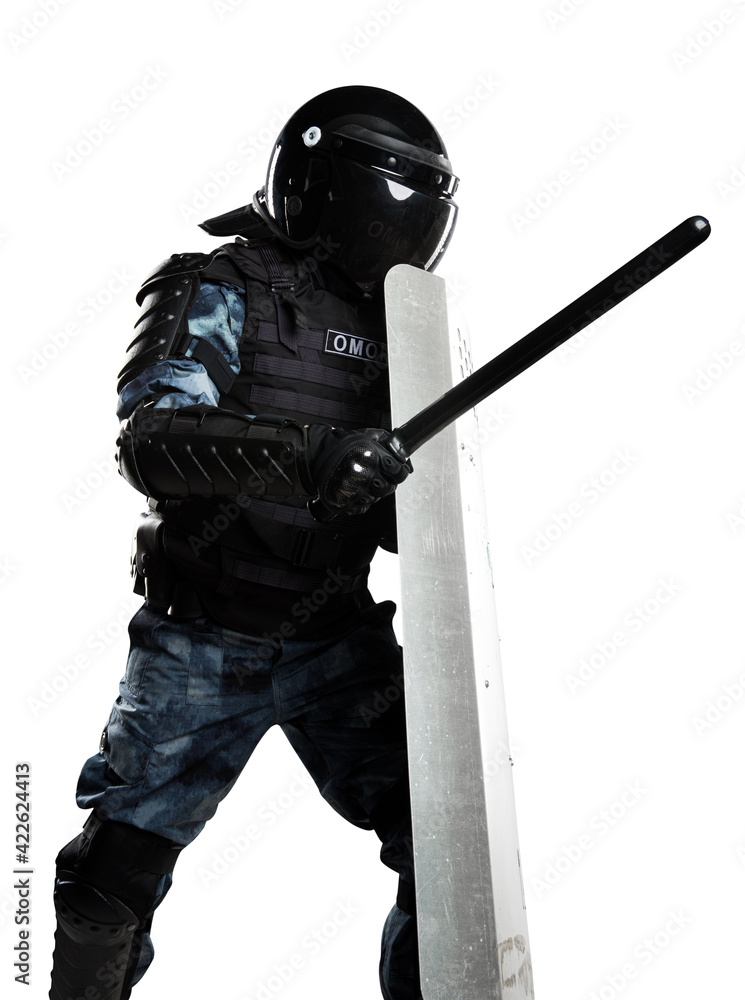 Soldiers in full uniform with armor, baton, protective shield. Uniform ...