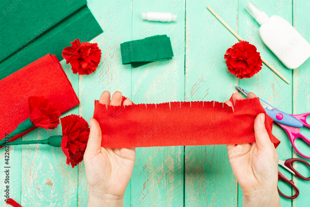 How to make a carnation flower at home. Hands make a red carnation ...