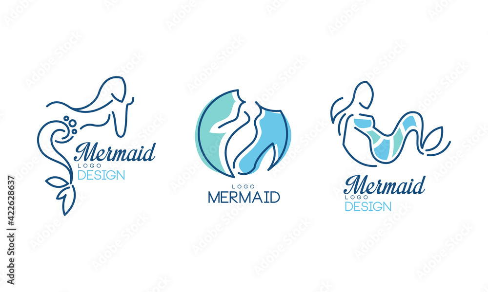 Mermaid Logo Design with Aquatic Creature Having Fish Tail Vector Set ...