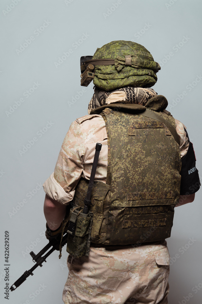 Russian military police soldier in desert uniform. Patch on the ...