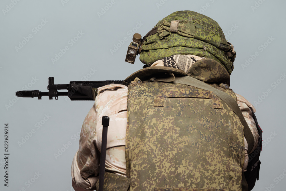 Russian military police soldier in desert uniform. Patch on the ...
