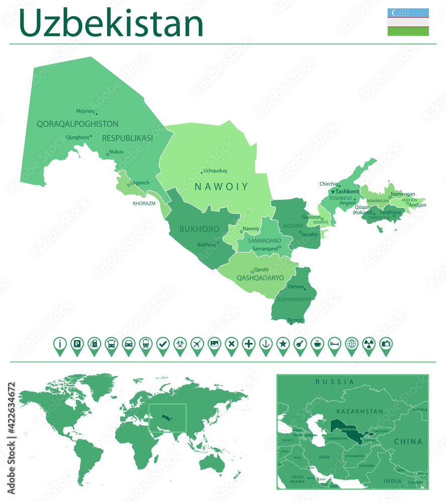 Uzbekistan detailed map and flag. Uzbekistan on world map. Stock Vector ...