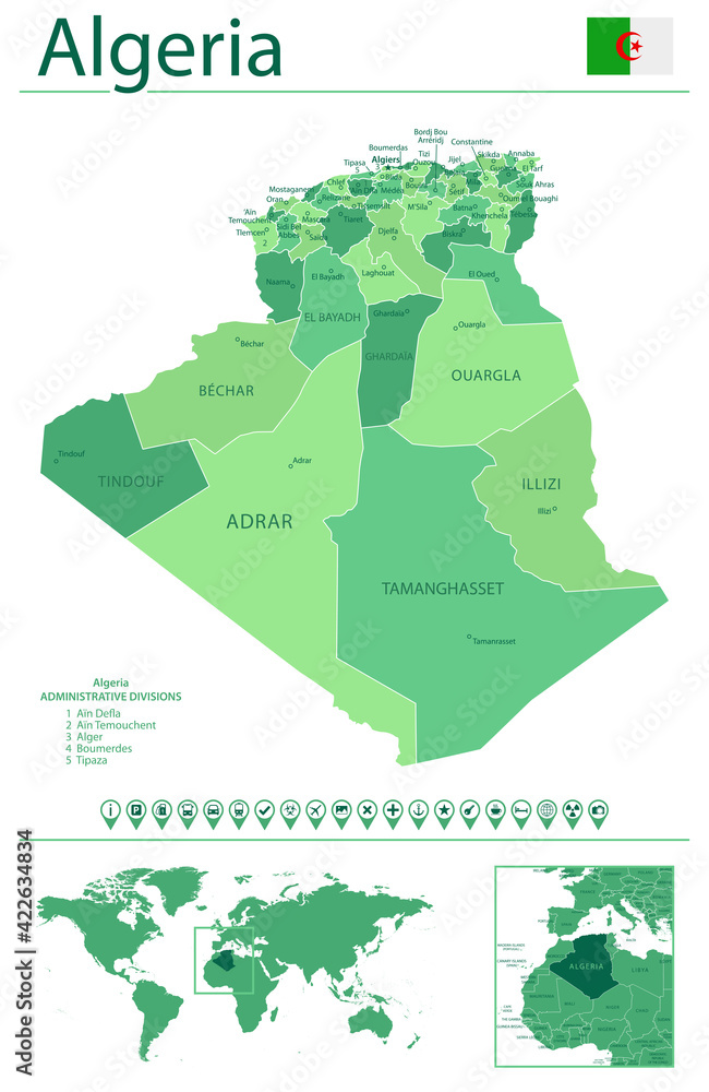 Algeria detailed map and flag. Algeria on world map. Stock Vector ...