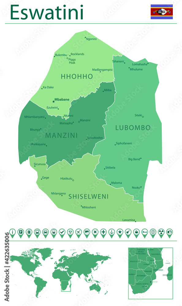 Eswatini detailed map and flag. Eswatini on world map. Stock Vector ...