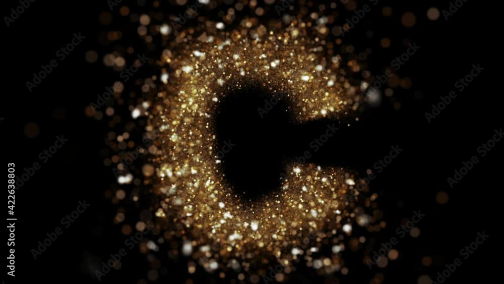 Gold glitter letter C fly into camera. Golden glitter alphabet symbol ...