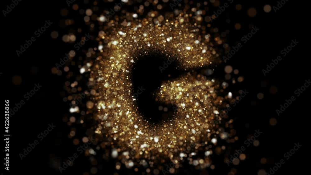 Gold glitter letter G fly into camera. Golden glitter alphabet symbol ...