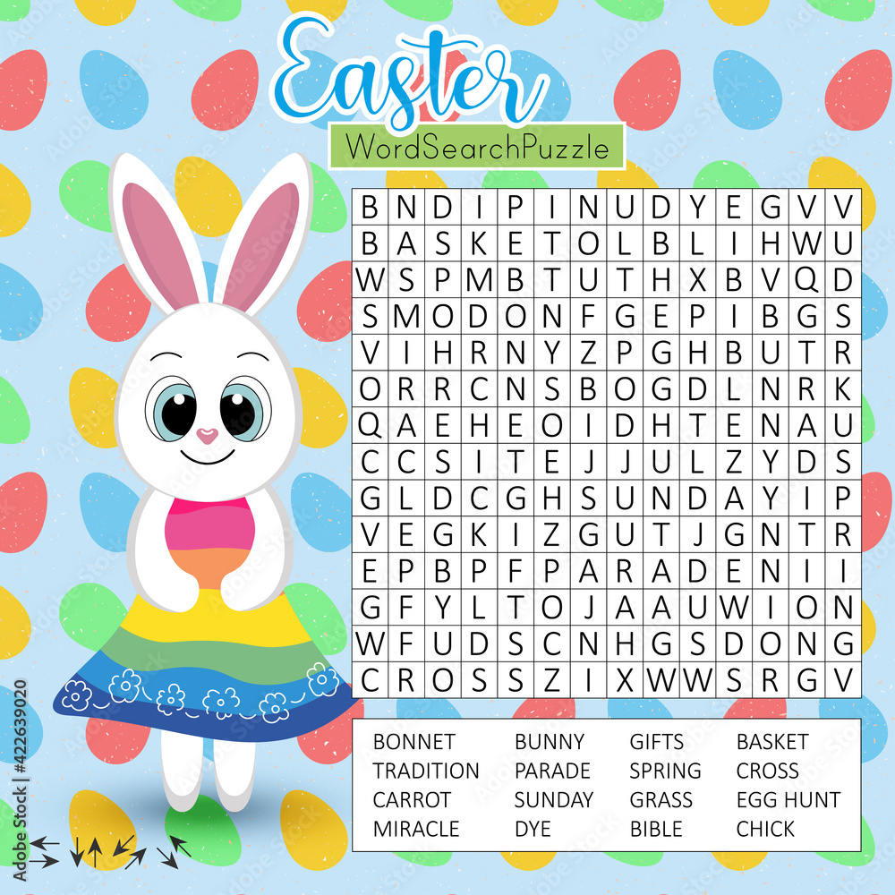 Easter word search puzzle with cute cartoon bunny. Educational game for ...