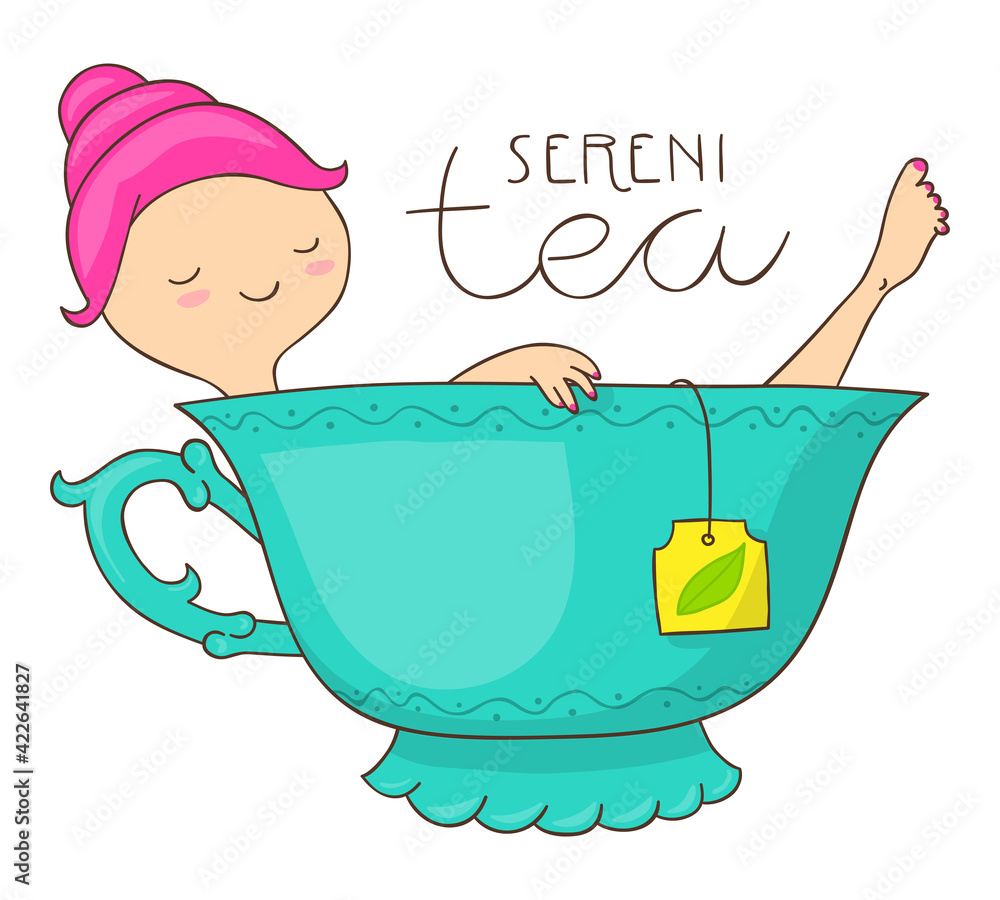 Cute illustration of a girl relaxing in a nice cup of tea with the hand ...
