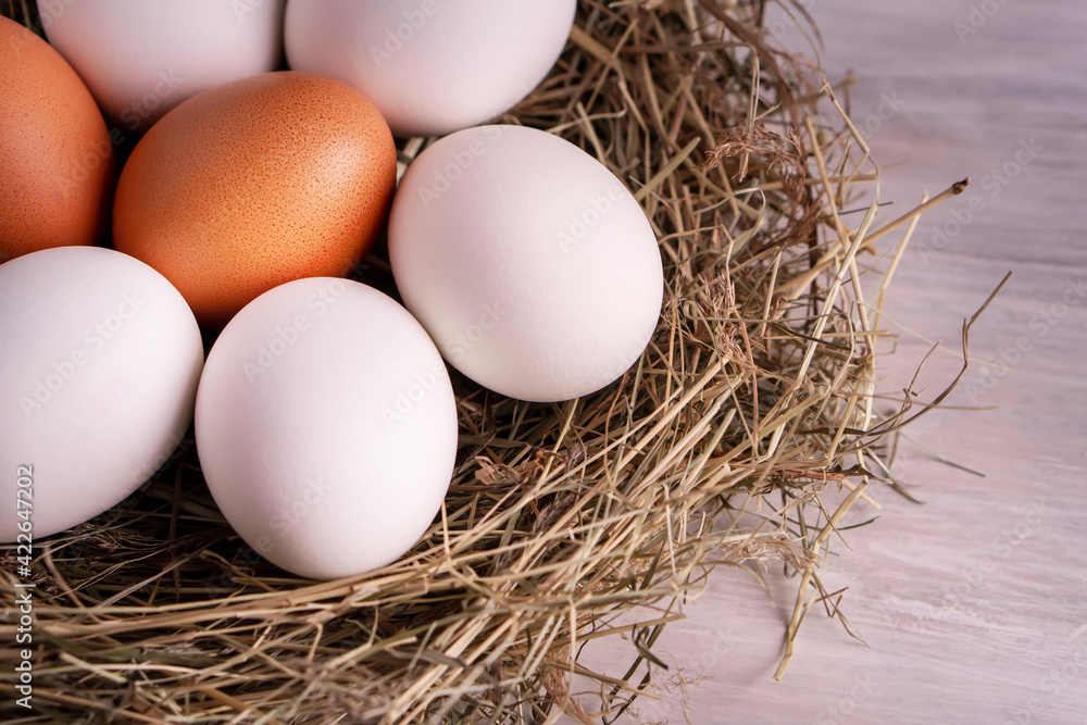 Closeup raw white brown organic fresh eggs shell with yolk from happy ...