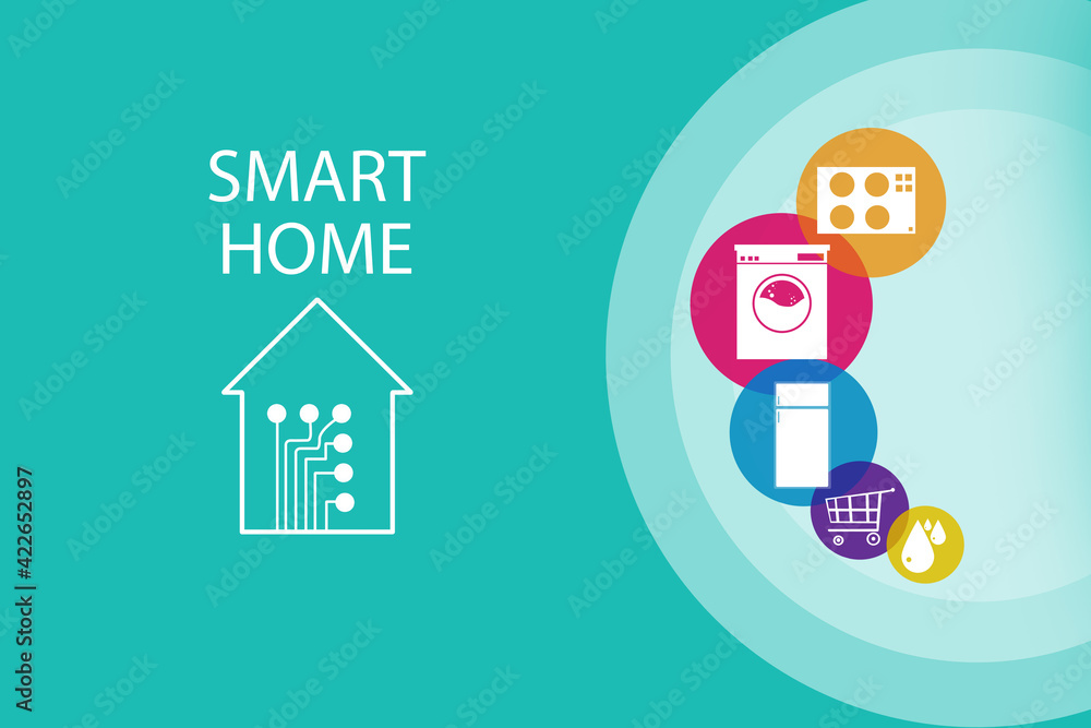 Smart home devices. Smart home logo on turquoise background. Concept ...