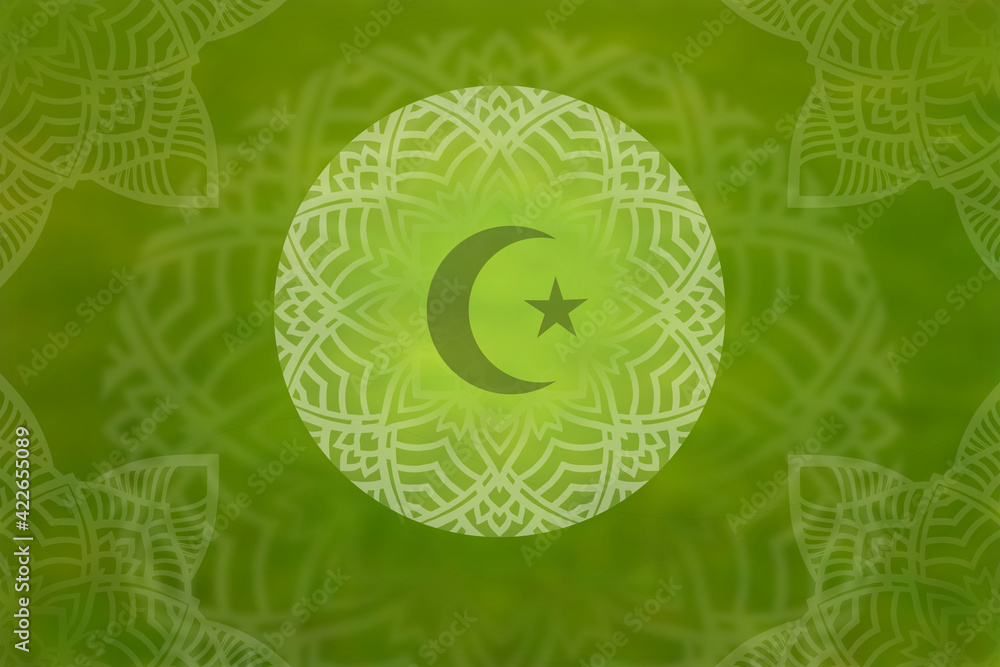 Green background with the symbol of Islam. Muslim crescent moon on a ...