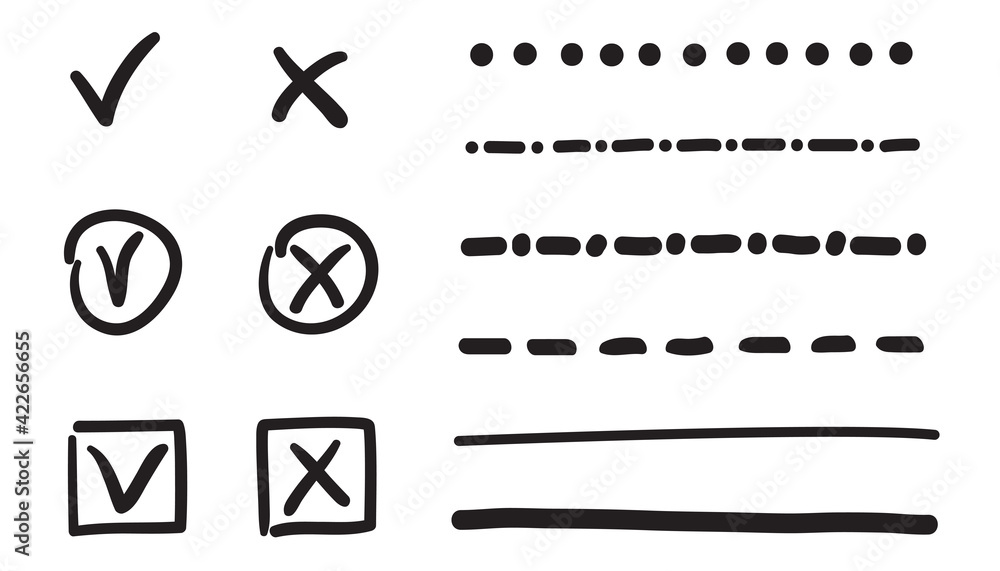 Hand drawn black signs and symbols on white. Outlined simple elements ...