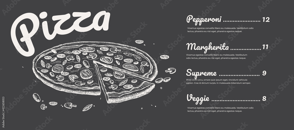 Hand-drawn menu template with whole pizza and cut piece. Chalk drawn ...