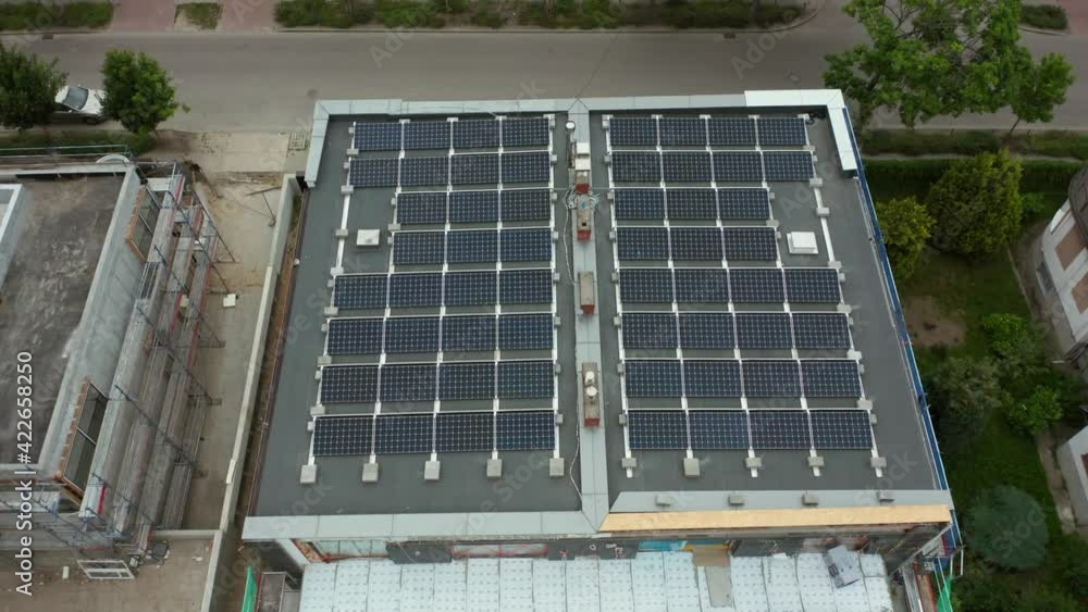 Aerial view of the solar panels on the roof. Photovoltaic modules ...