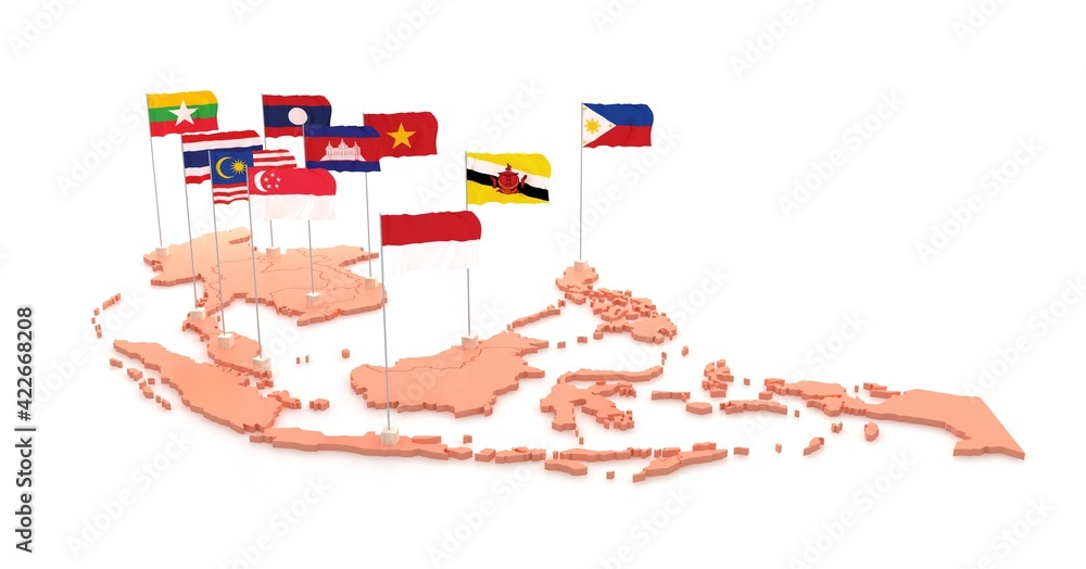 Asean union. asean countries map and flag 3D illustrations on a white ...
