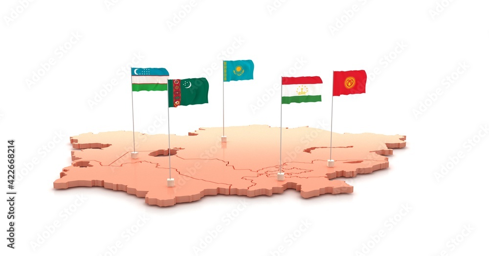 Central asia map. central asia countries map and flag 3D illustrations ...