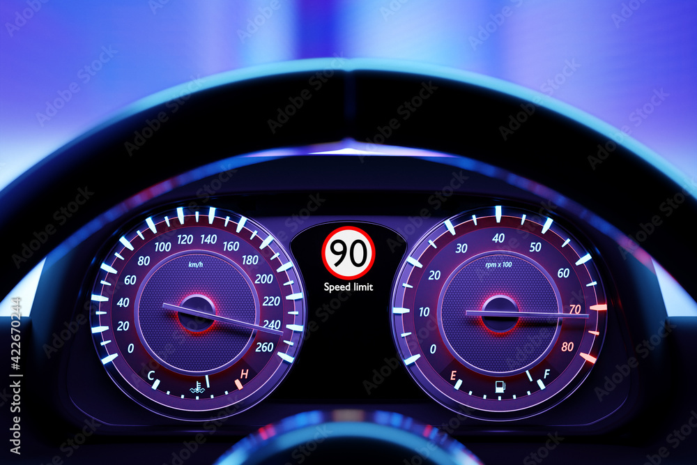 3D illustration of the new car interior details. Speedometer shows a ...