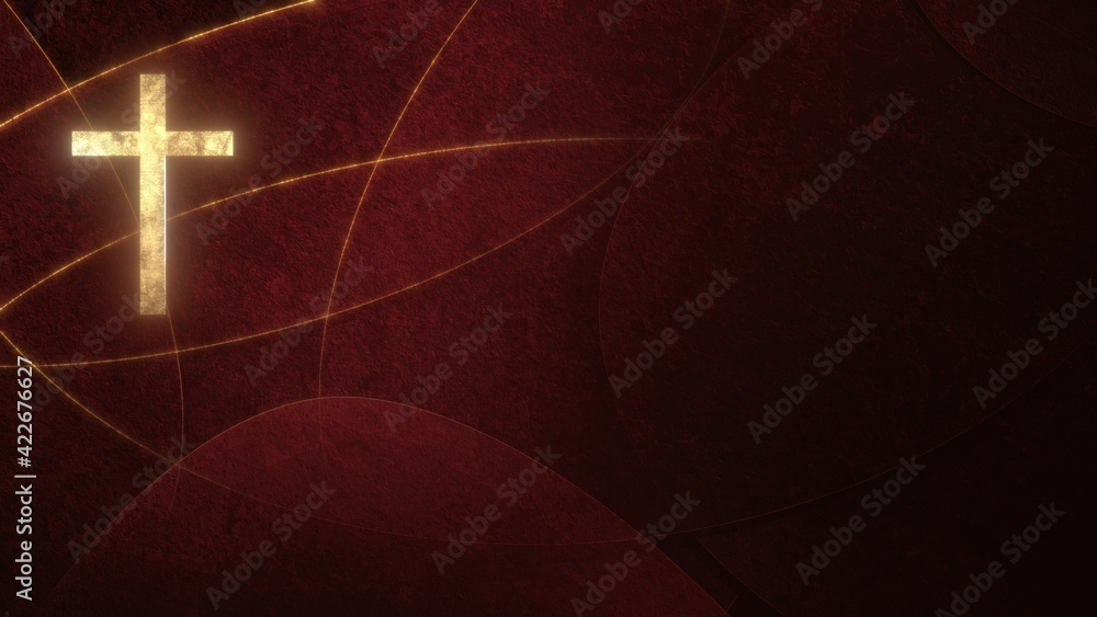 Golden Christian Cross on liturgic red copy space banner background. 3D ...