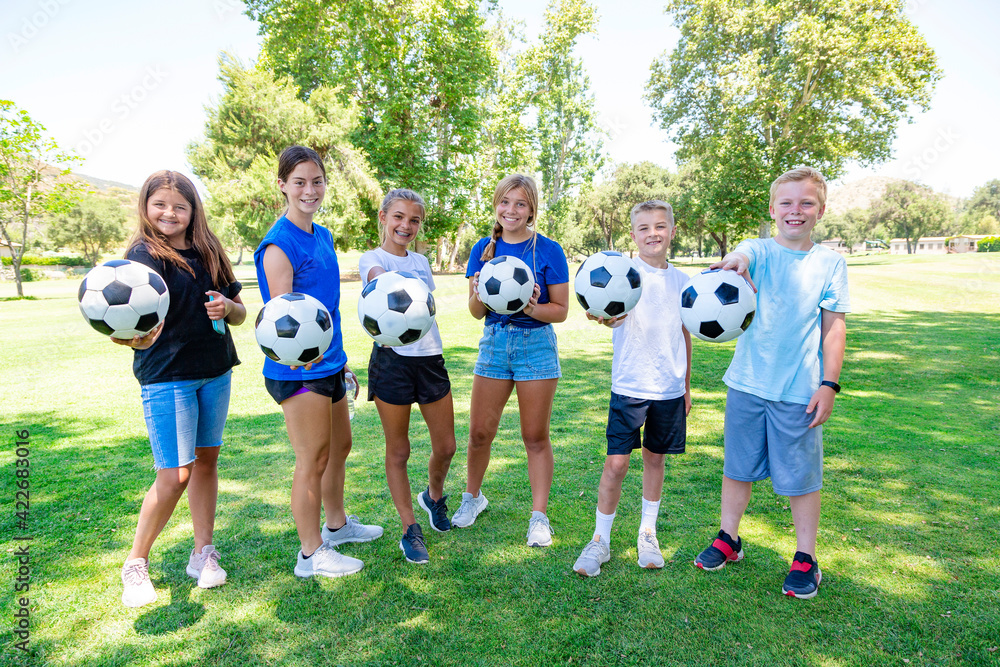 Large Group of kids playing soccer together in a park. Smiling junior ...