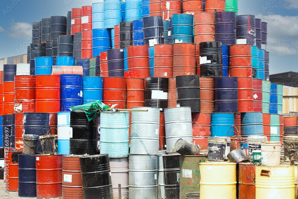 Old Rusty Dirty Steel Barrel, blue oil tank stack many drum in Toxic ...