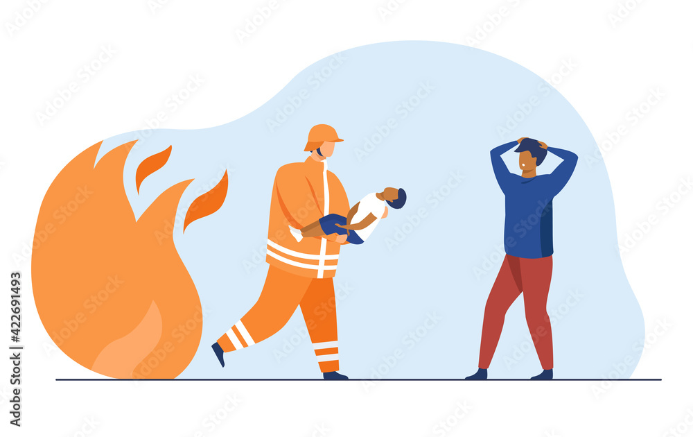 Brave firefighter carrying little boy and saving him from fire. Kid ...