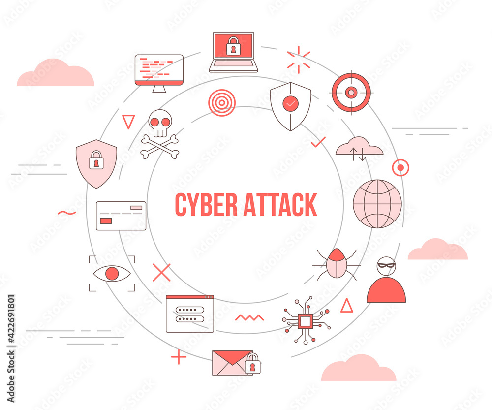 cyber attack concept with icon set template banner with modern orange ...