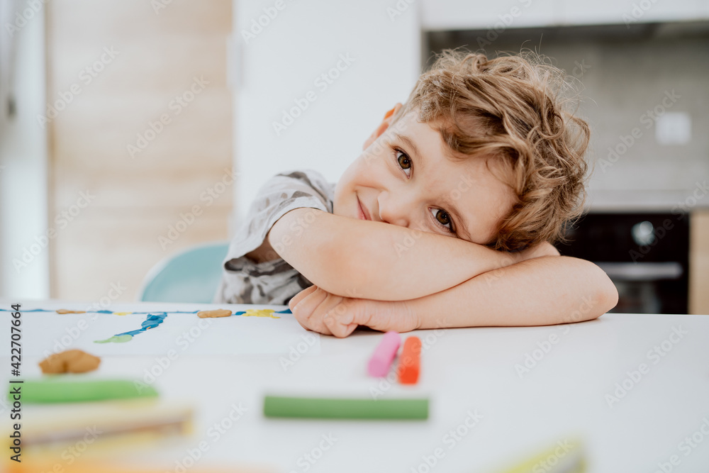 Portrait of a lovely happy school-aged boy sitting at kitchen table ...