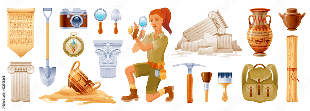 Archaeologist cartoon vector. Archeology ancient history flat icon set ...