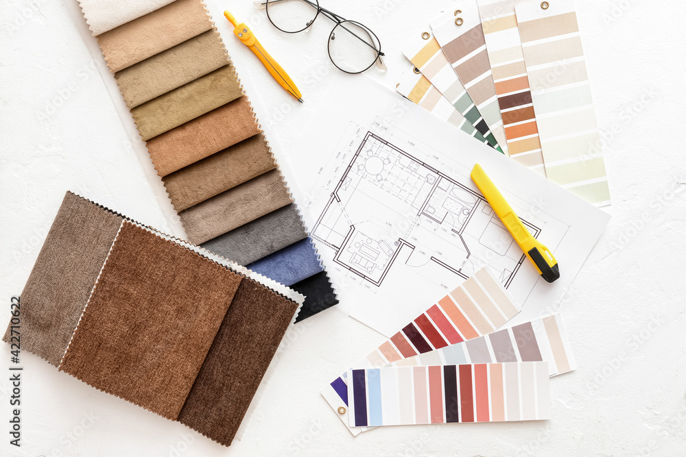 House plan, color palettes and fabric samples on light background Stock ...