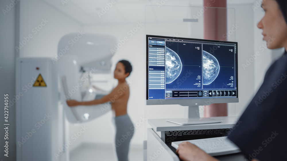 Computer Screen in Hospital Radiology Room: Beautiful Multiethnic Young ...