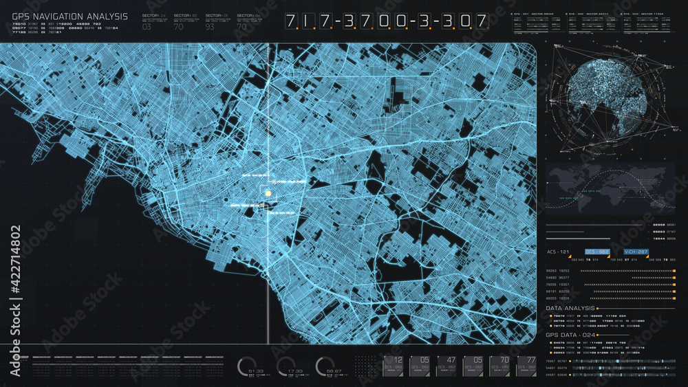 Futuristic digital city map layout with satellite GPS coordinate ...