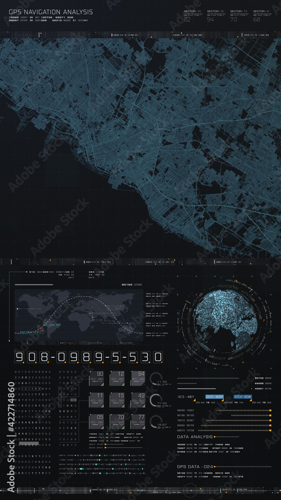 Futuristic digital city map layout with satellite GPS coordinate ...
