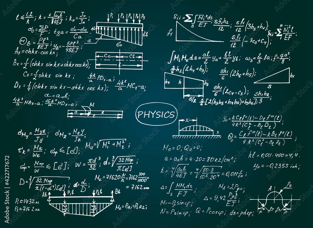 Vintage physical notation with the equations, figures, schemes, plots ...