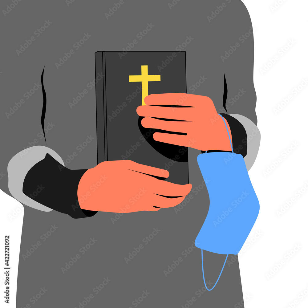 Person in gray robes is holding a holy bible book and blue disposable ...