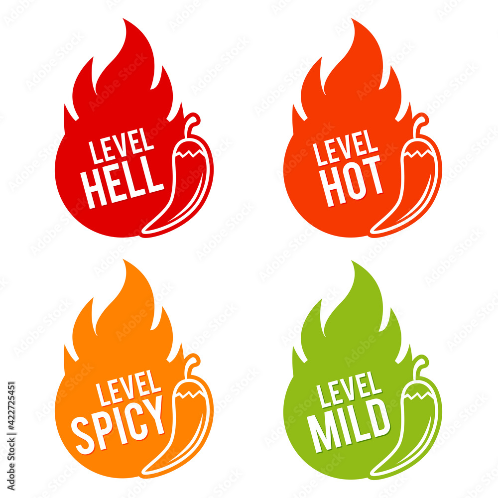 Chili peppers scale mild, spicy, hot and hell icons on white background ...