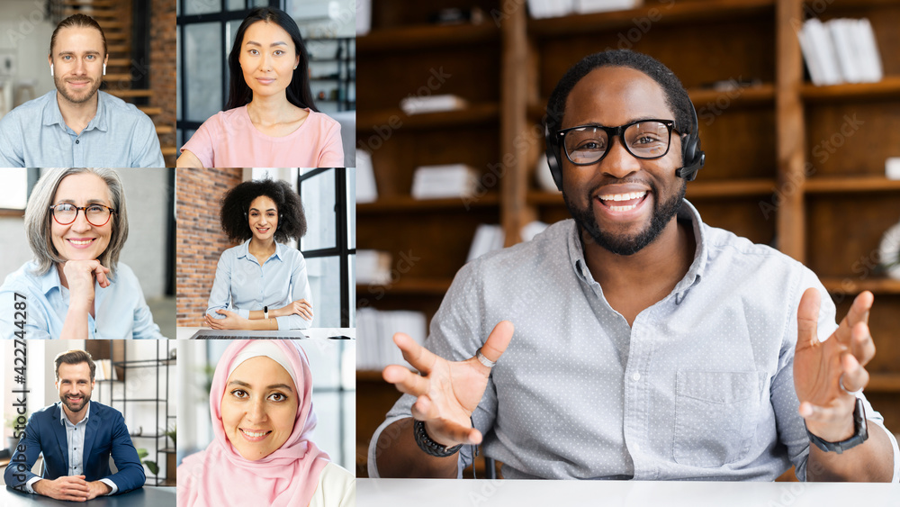 Online job interview concept. Video call screen with a smiling African ...
